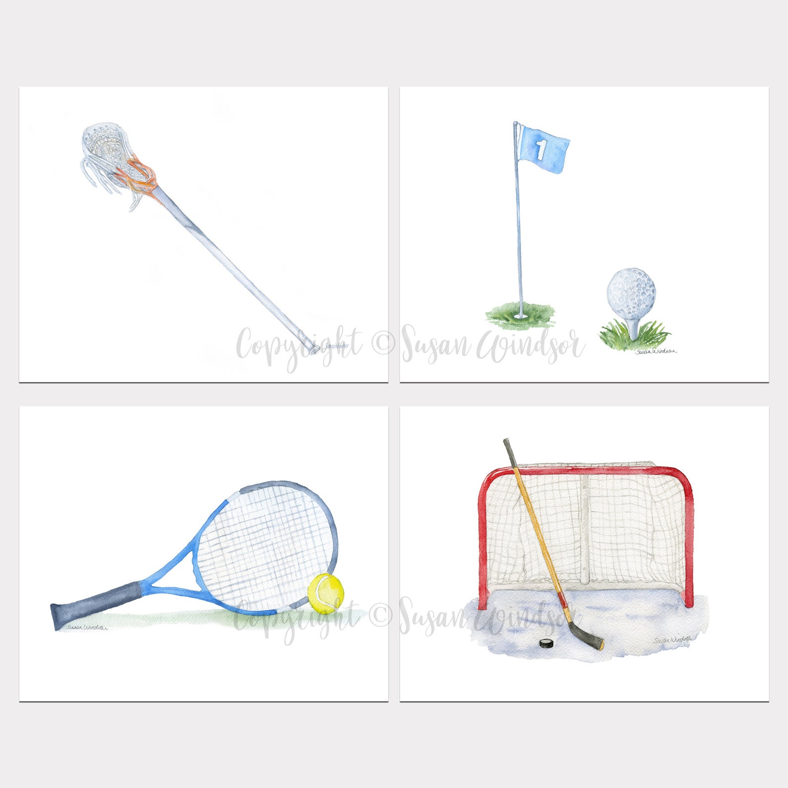 Sports Watercolor Painting Art Print Set - Lacrosse Hockey Golf Tennis ...