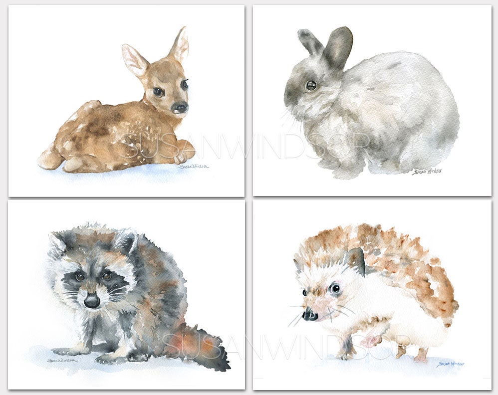 Woodland Animal Watercolor Art Prints Set of 4 | Etsy