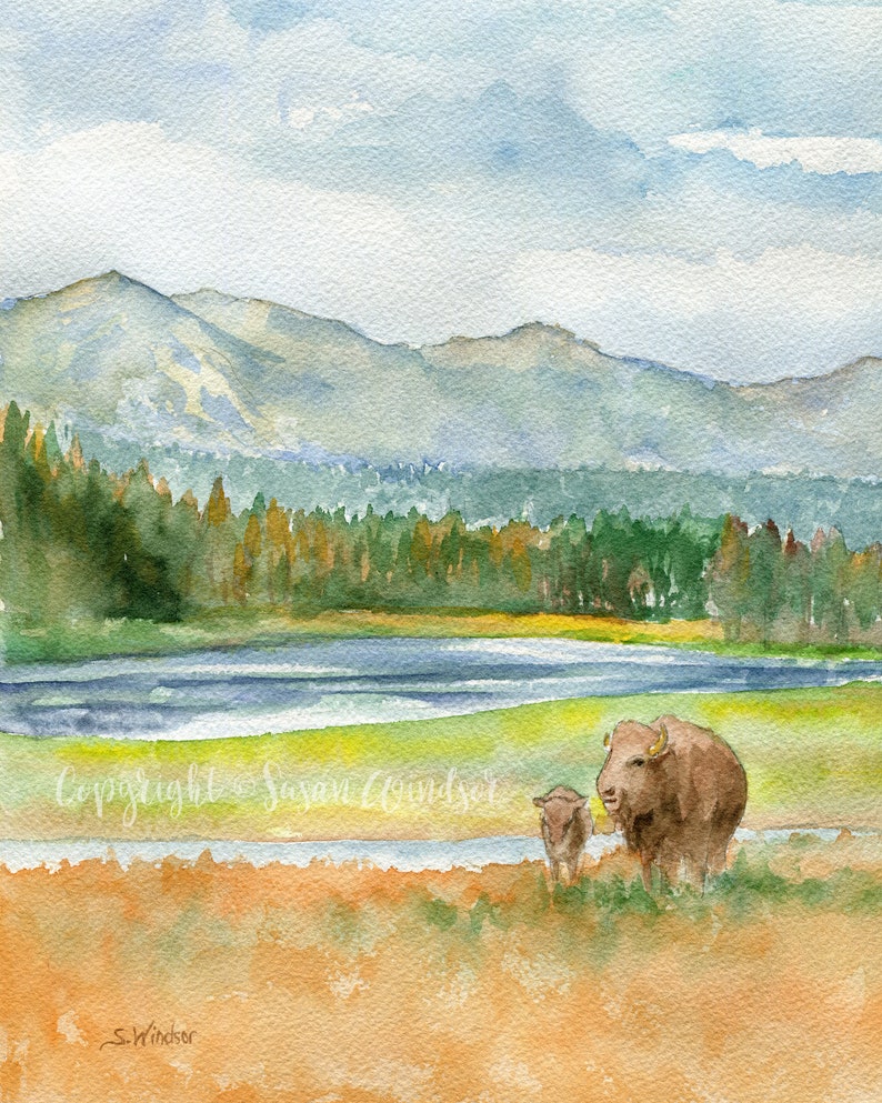 Yellowstone National Park Watercolor Fine Art Print Landscape - Etsy