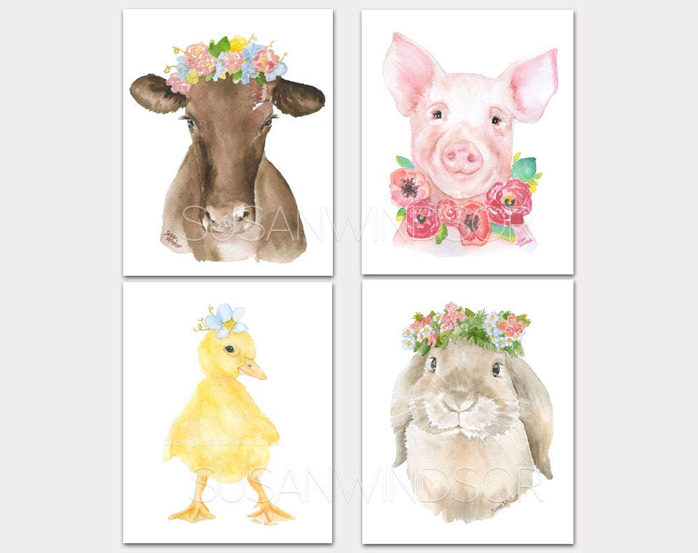 Watercolor Farm Animal Floral Art Prints Nursery Childrens Room Set of ...