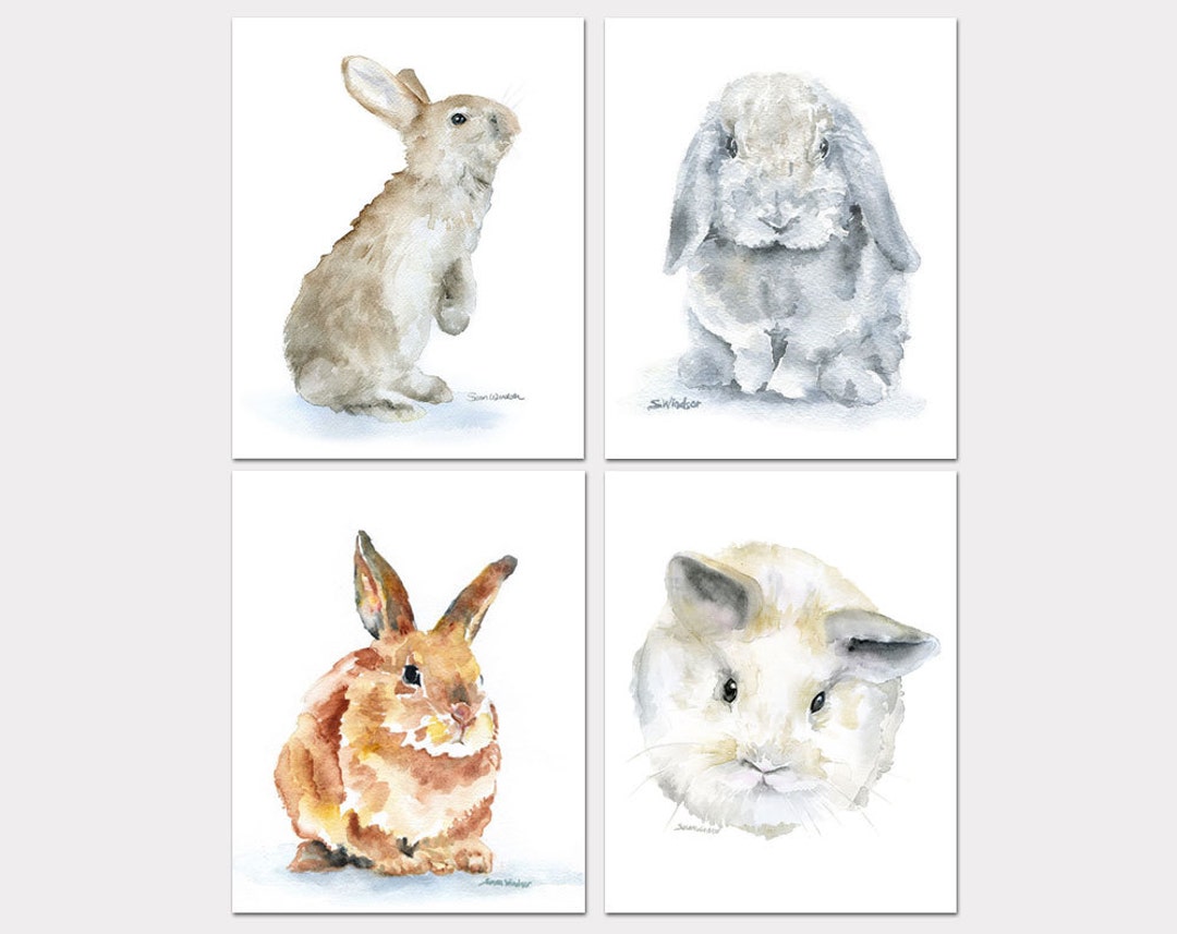 Bunny Rabbit Watercolor Animal Art Prints Nursery Childrens Room Set of ...