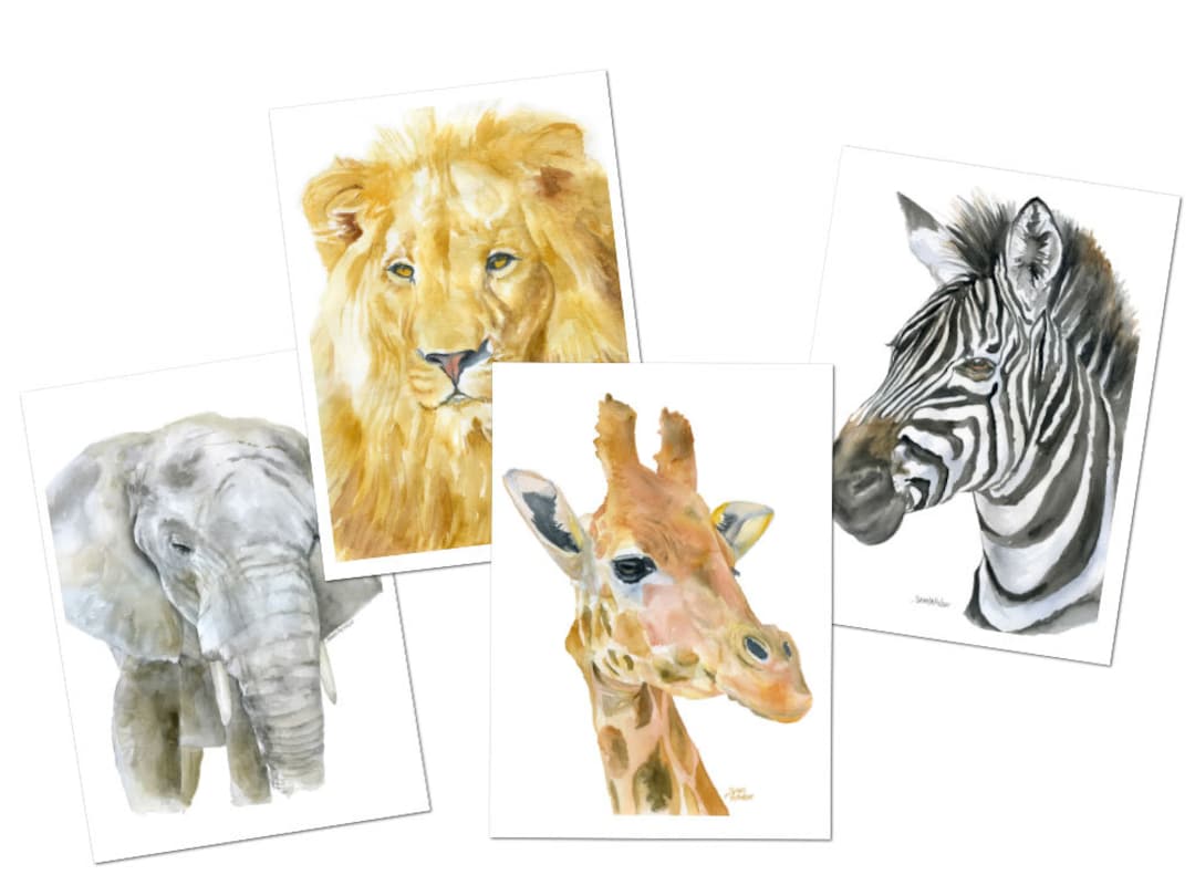 Watercolor African Animal Cards - 5" X 7" - Set of 4 Greeting Cards and ...