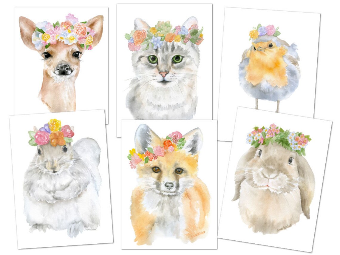 Watercolor Woodland Animal Greeting Cards Floral Spring | Etsy