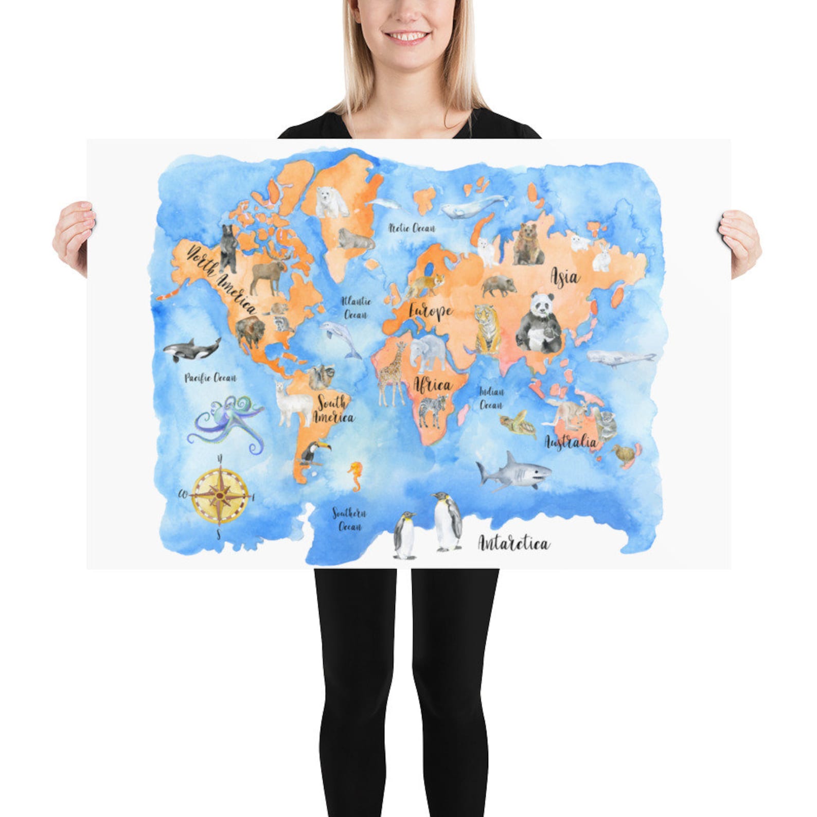 World Map of Animals Watercolor Poster Print UNFRAMED - Etsy