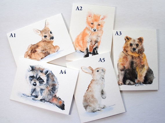 Watercolor Woodland Animal Cards Mix and Match Set of 5 | Etsy