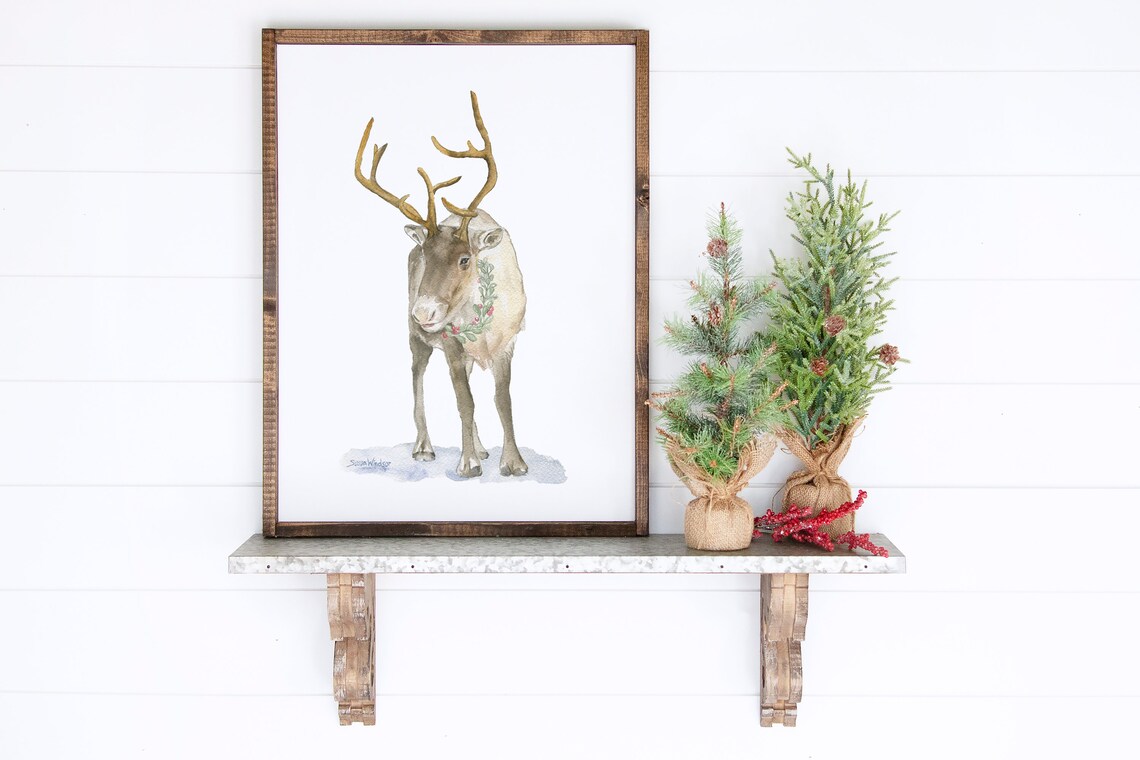 Christmas Caribou Watercolor Large Poster Print - Etsy