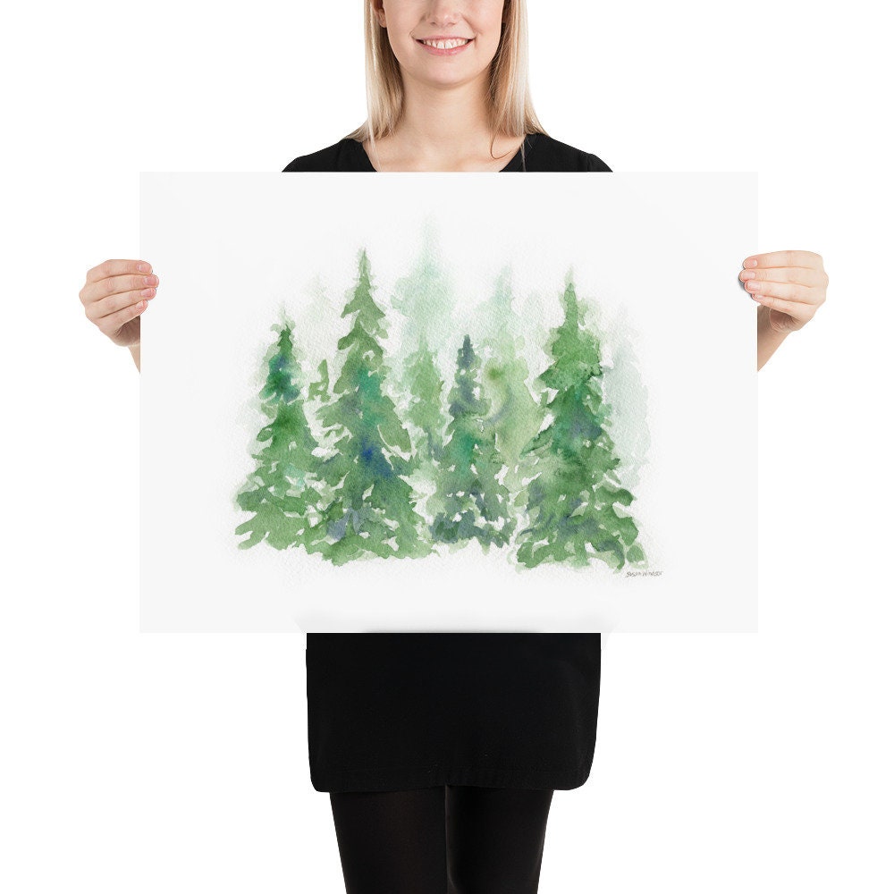 Pine Trees Scene Watercolor Painting Large Poster Print UNFRAMED - Etsy