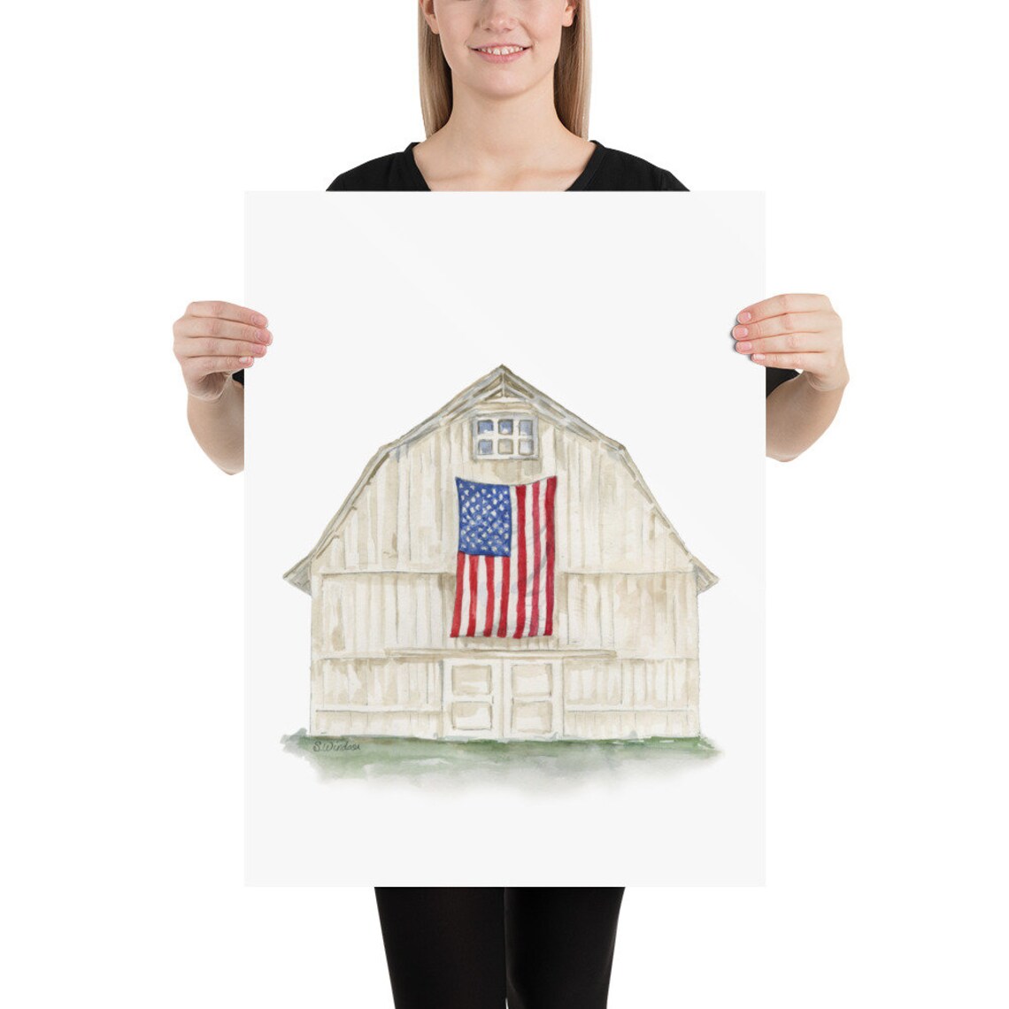 American Flag on Farmhouse Barn Watercolor Large Poster Art Print ...