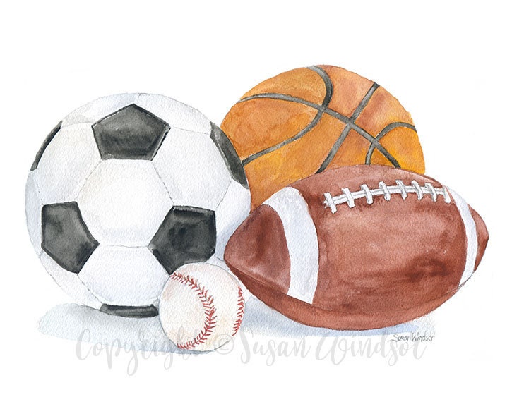 Sports Balls Watercolor Painting Giclee Print - Soccer Ball, Baseball ...