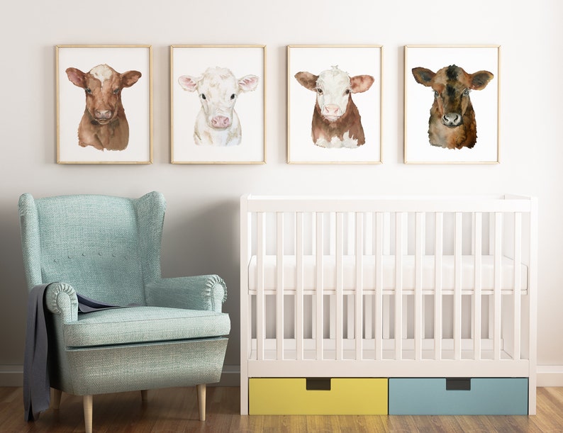 Baby Calves Watercolor Art Prints Set of 4 Cow Calf Cattle Art Unframed ...