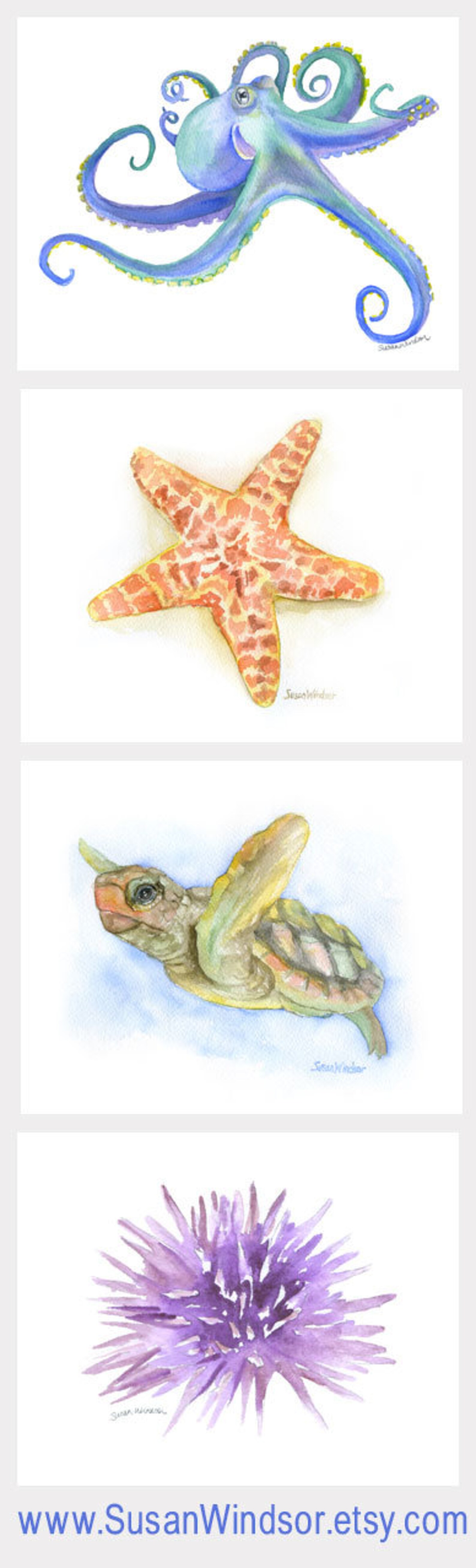 Ocean Animal Watercolor Art Prints Set of 4 Octopus Sea Turtle Sea Star ...