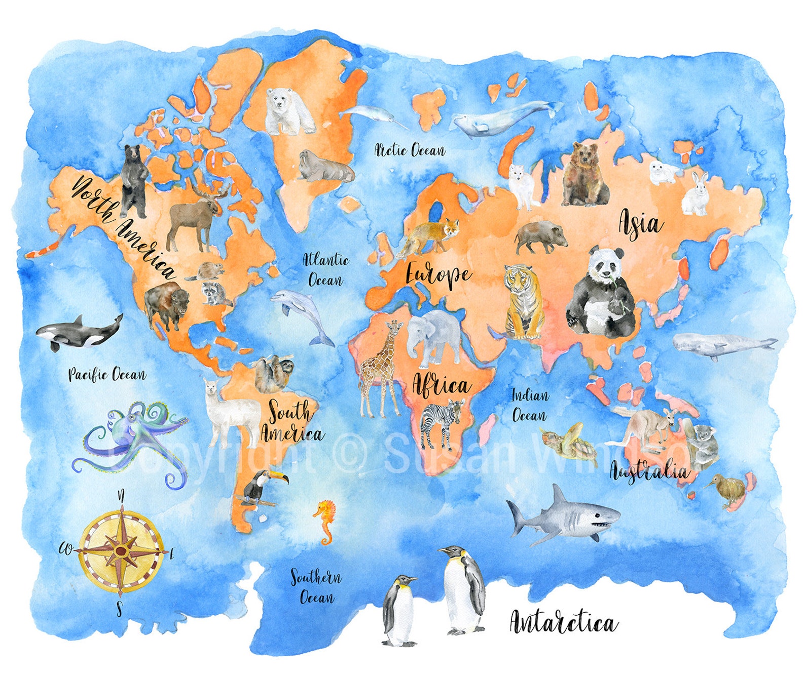 World Map of Animals Watercolor Print Nursery Art Kids - Etsy