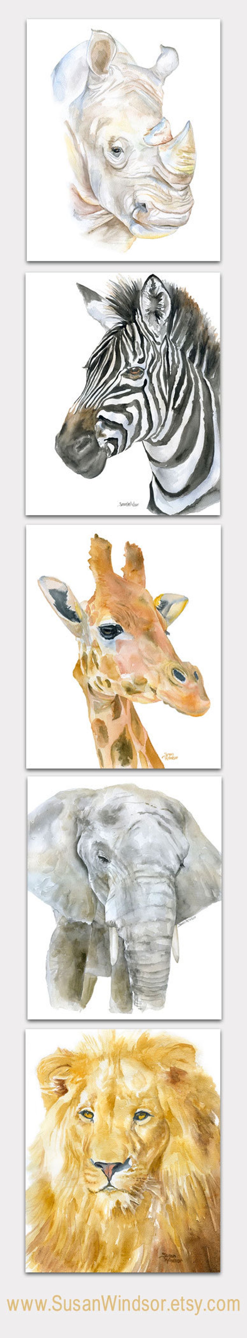 African Animal Watercolor Art Prints - Safari Childrens Room - Set of 5 ...