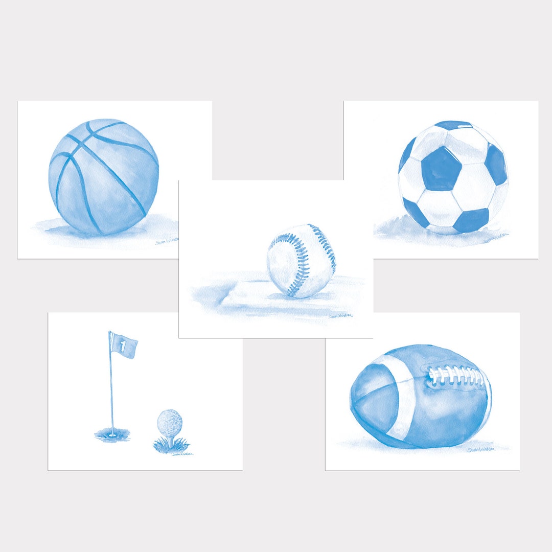 Watercolor Sports Art Prints in Blue - Childrens Room Art - Set of 5 ...
