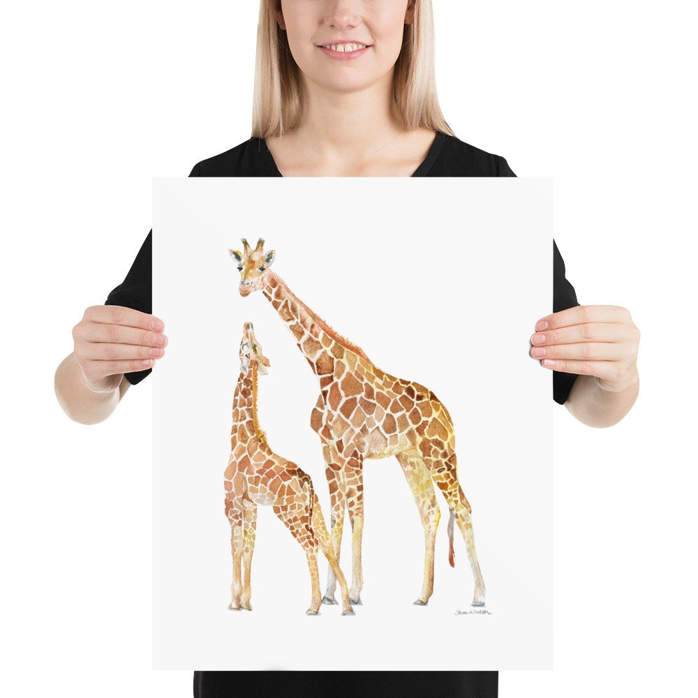Giraffes Mother and Baby Watercolor Fine Art Print Large Poster ...