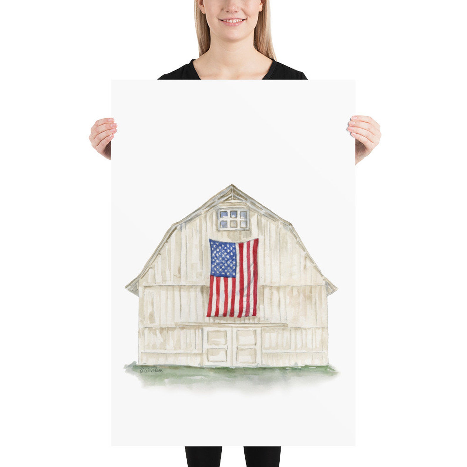 American Flag on Farmhouse Barn Watercolor Large Poster Art Print ...
