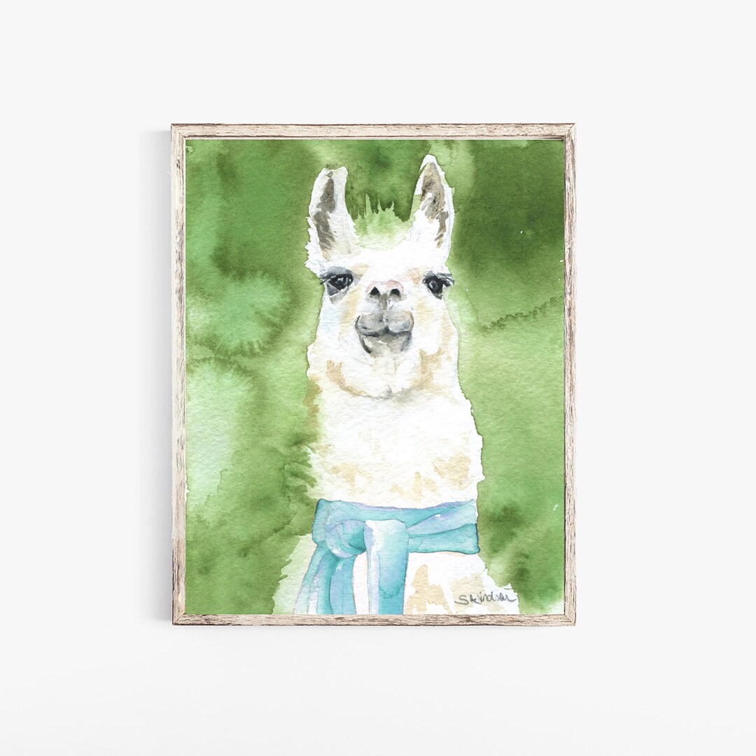 Llama With Blue Scarf Watercolor Painting Fine Art Print 8 X 10 / 8.5 X ...