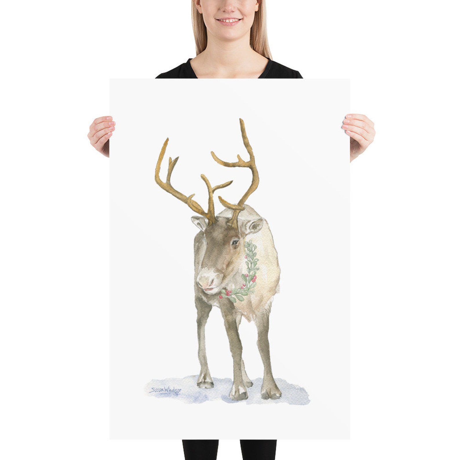 Christmas Caribou Watercolor Large Poster Print - Etsy