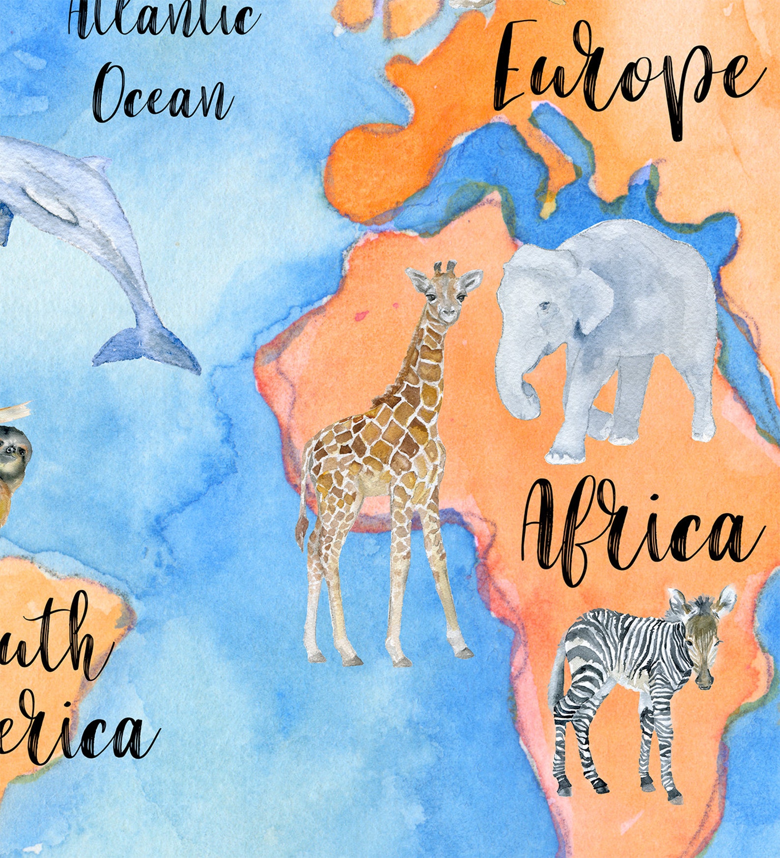 World Map of Animals Watercolor Print Nursery Art Kids | Etsy