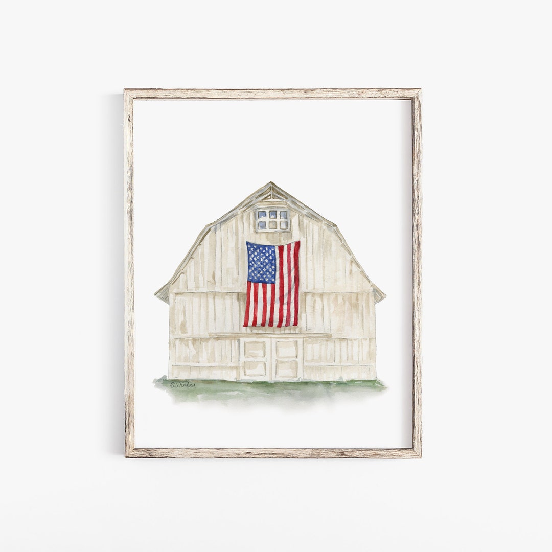 American Flag on Farmhouse Barn Watercolor Large Poster Art Print ...
