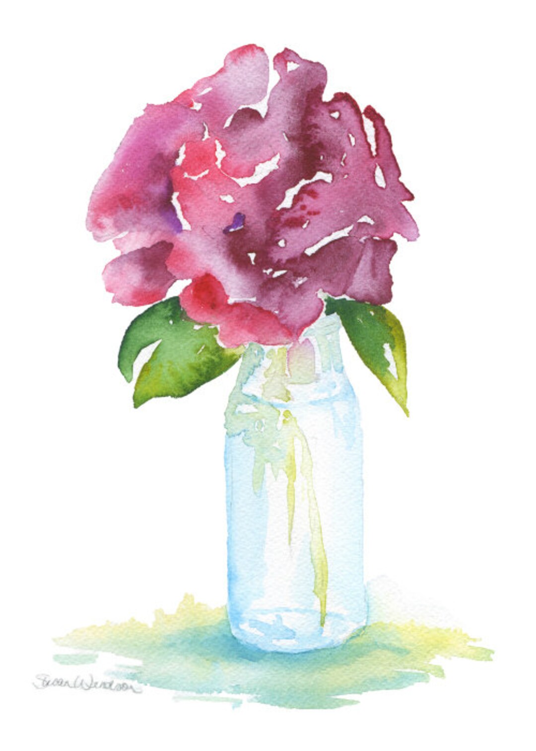 Rose in a Glass Vase Watercolor Painting 5 X 7 Giclee Reproduction ...