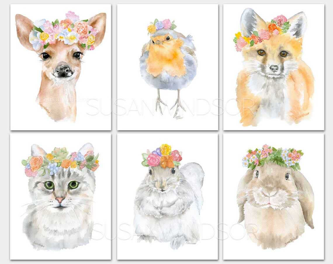 Watercolor Animal Floral Art Prints Set of 6 Deer Robin | Etsy