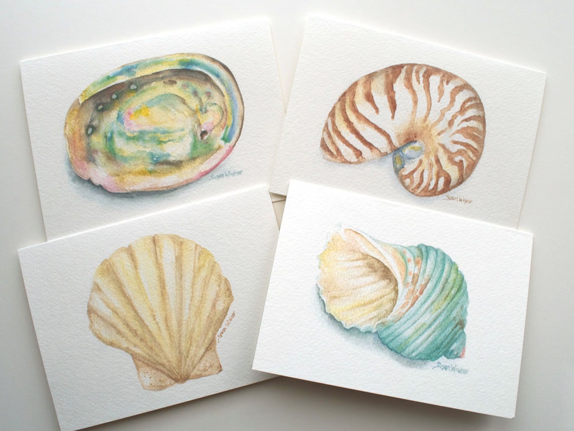 Seashell Watercolor Painting Note Card Set of 4 Seashell - Etsy