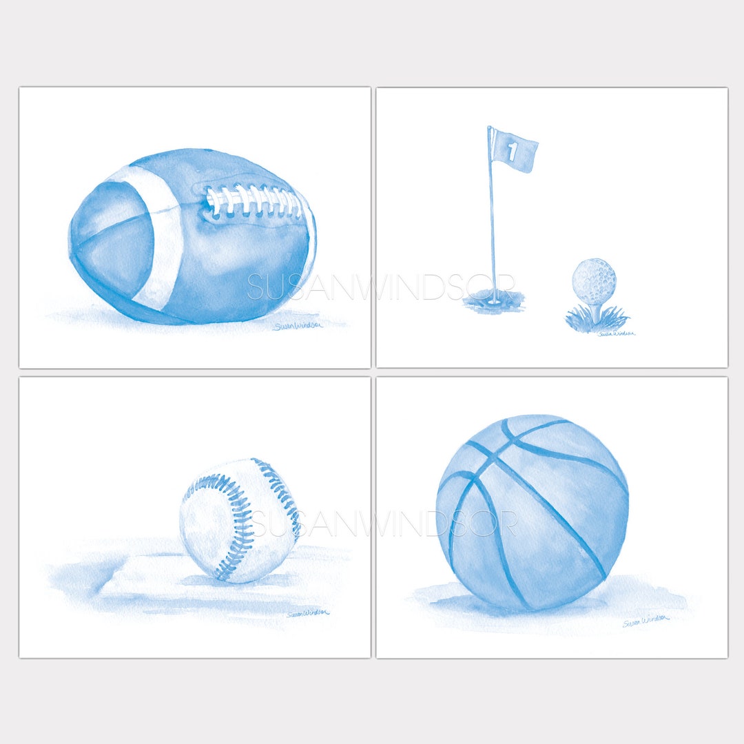 Blue Sports Watercolor Painting Art Prints Set - Football Golf Baseball ...