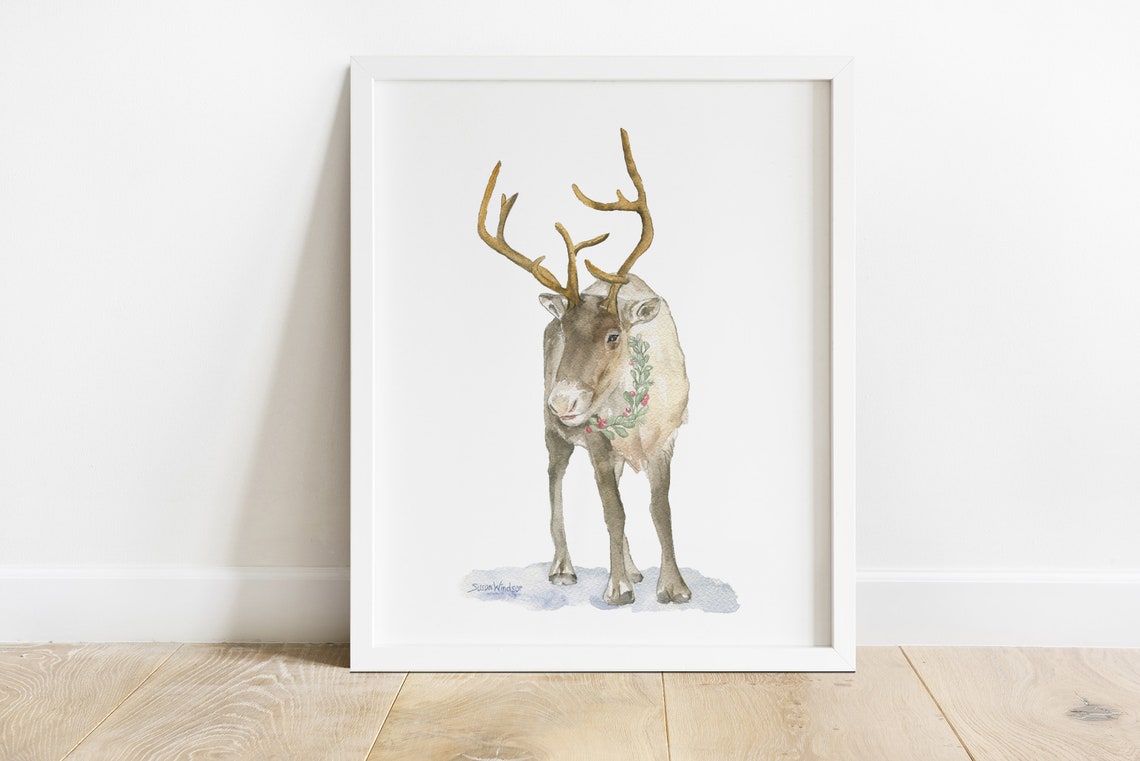 Christmas Caribou Watercolor Large Poster Print - Etsy