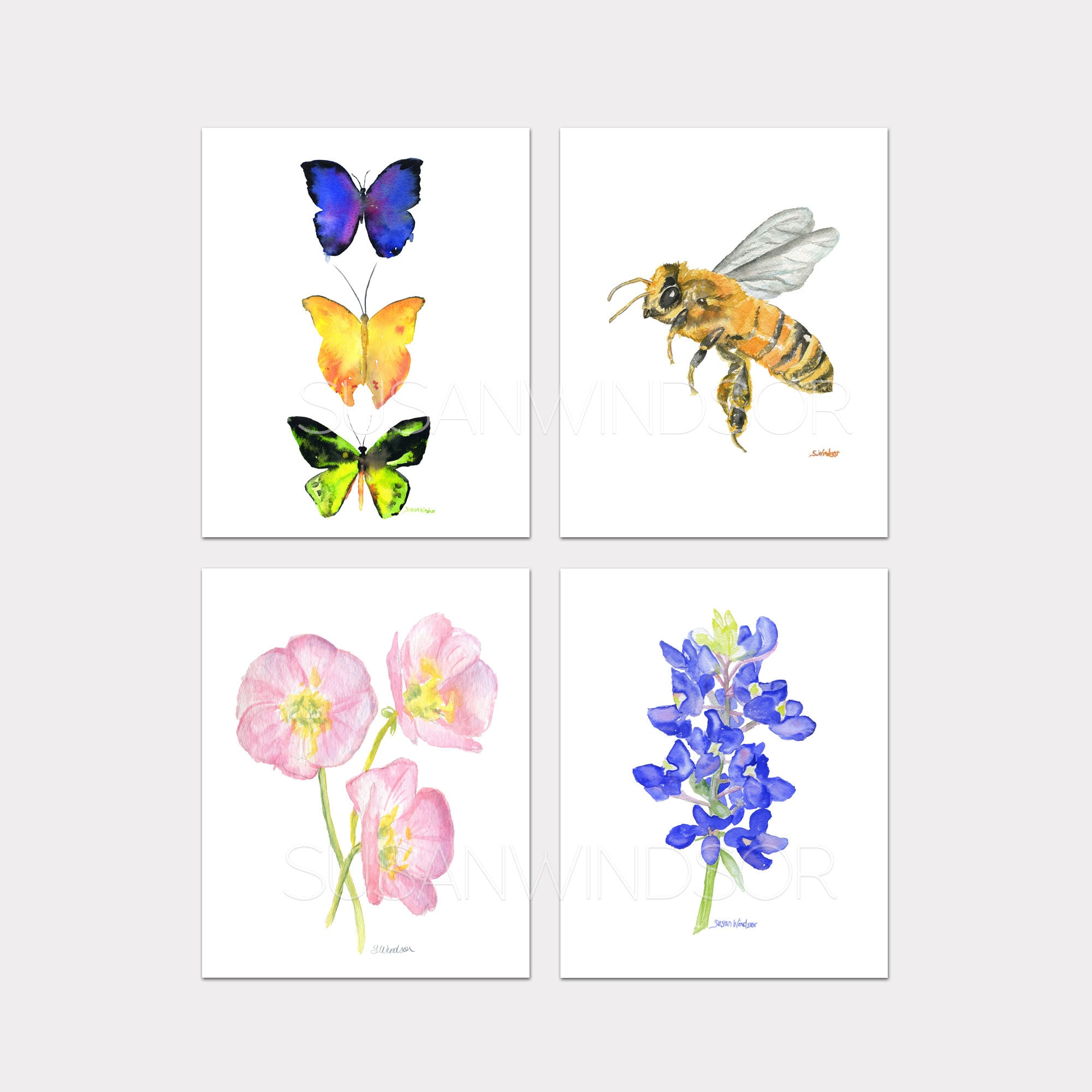 Floral and Insect Watercolor Art Print Set of 4 Garden Theme | Etsy