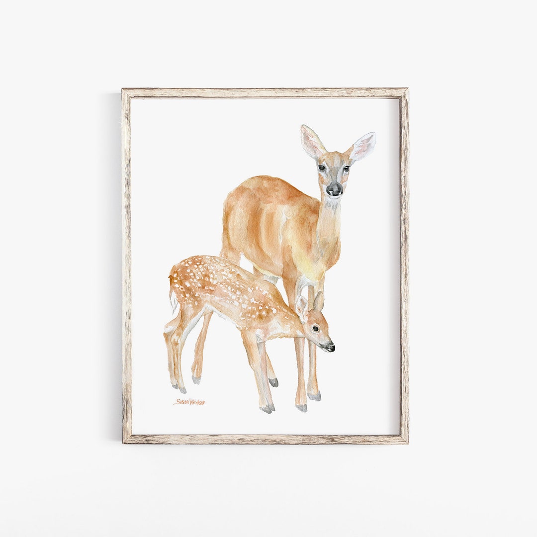 Doe and Fawn Watercolor Painting Print Woodland Animal Giclee ...