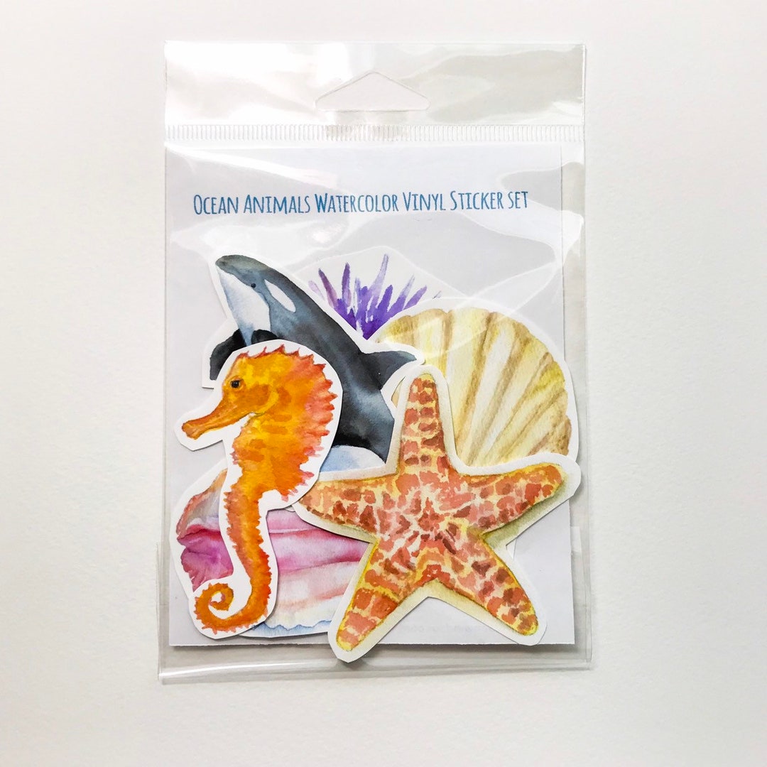 Ocean Animals Watercolor Vinyl Sticker Set of 7 - for Water Bottles ...