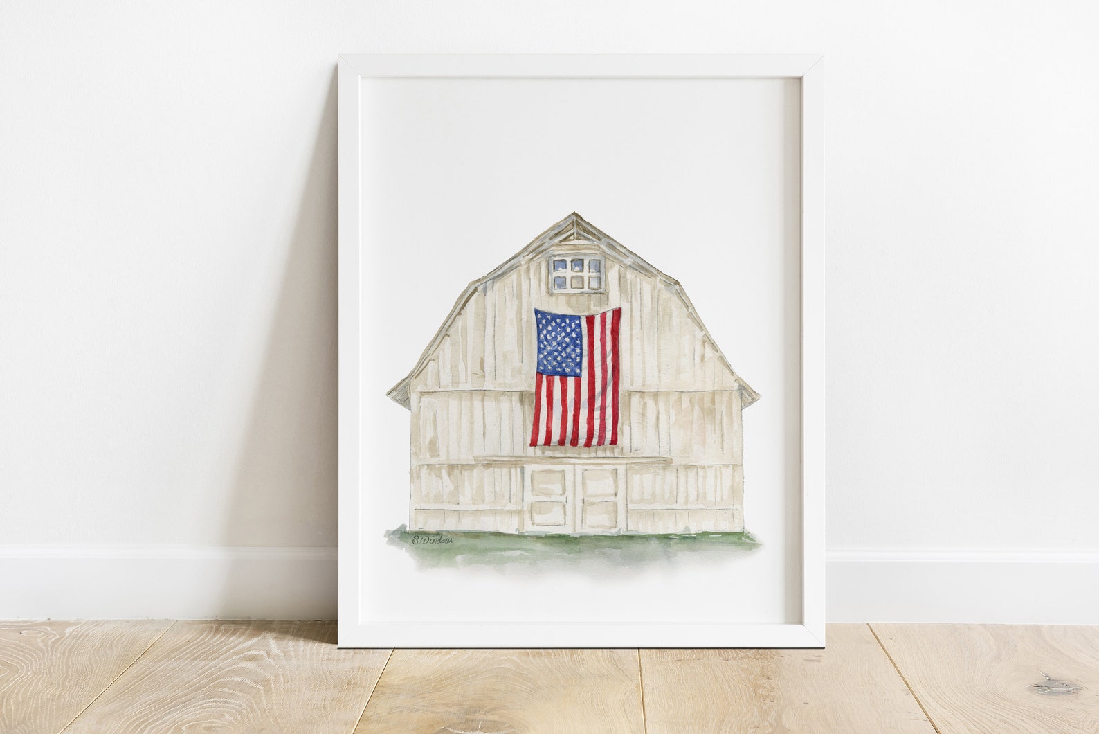 American Flag on Farmhouse Barn Watercolor Large Poster Art - Etsy
