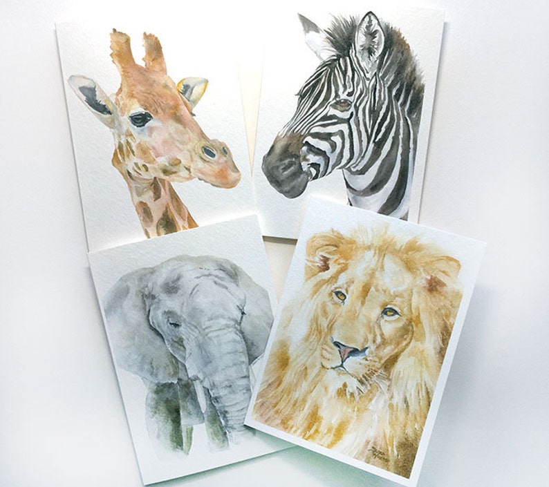Watercolor African Animal Cards - 5" X 7" - Set of 4 Greeting Cards and ...