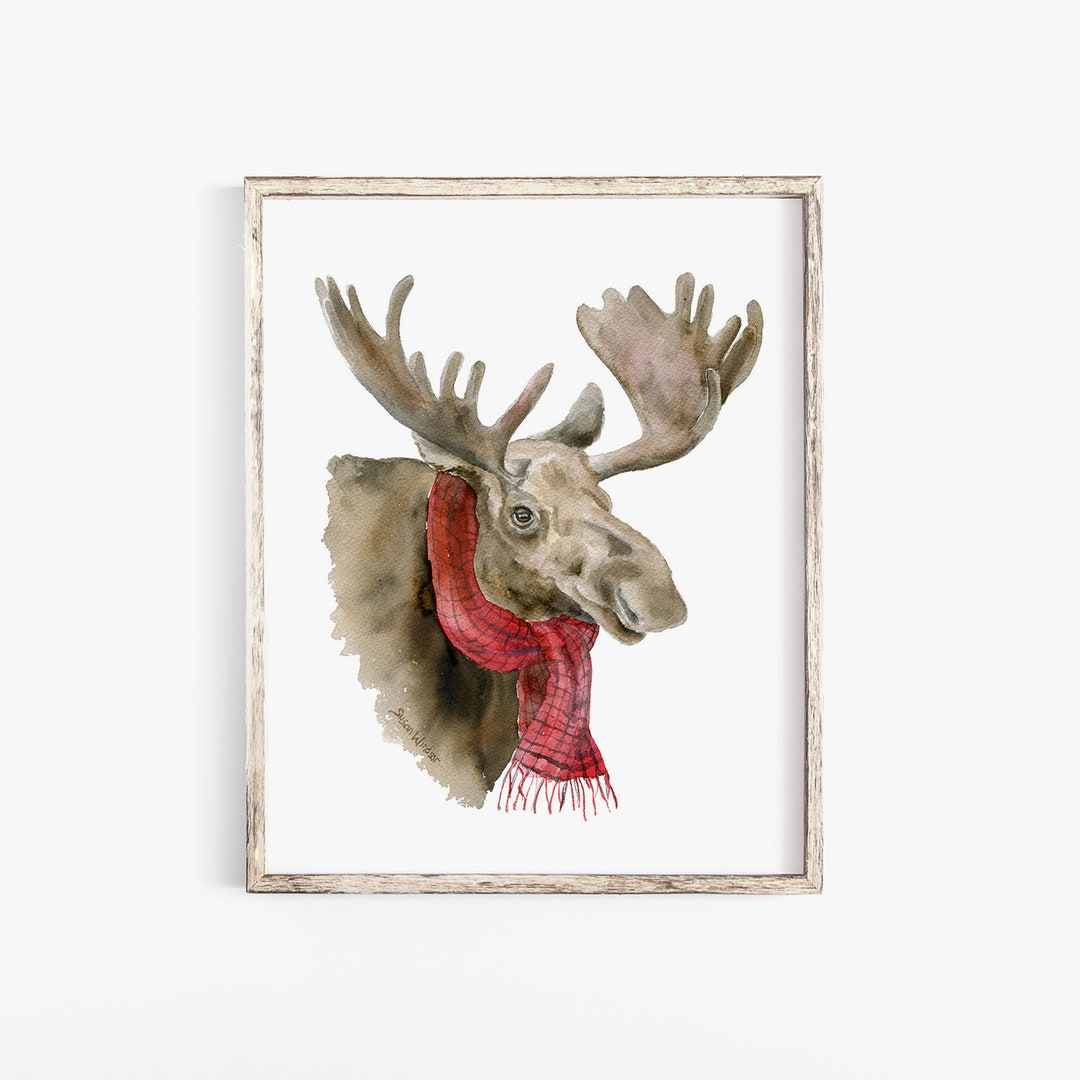 Moose in a Scarf Watercolor Painting Giclee Print - Lodge Christmas Art ...