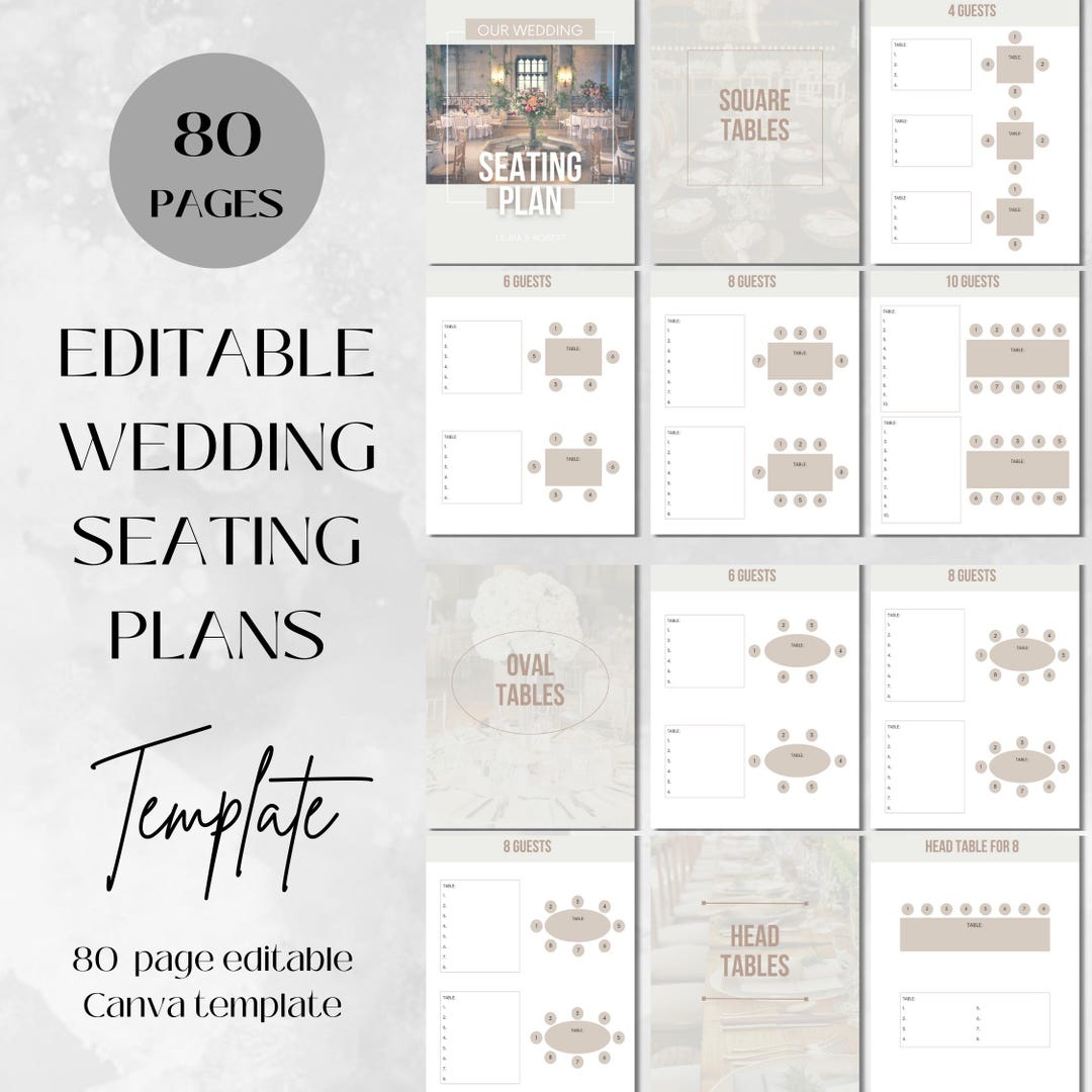 Printable Wedding Table Seating Chart Template: 80 Page Canva Layout ...