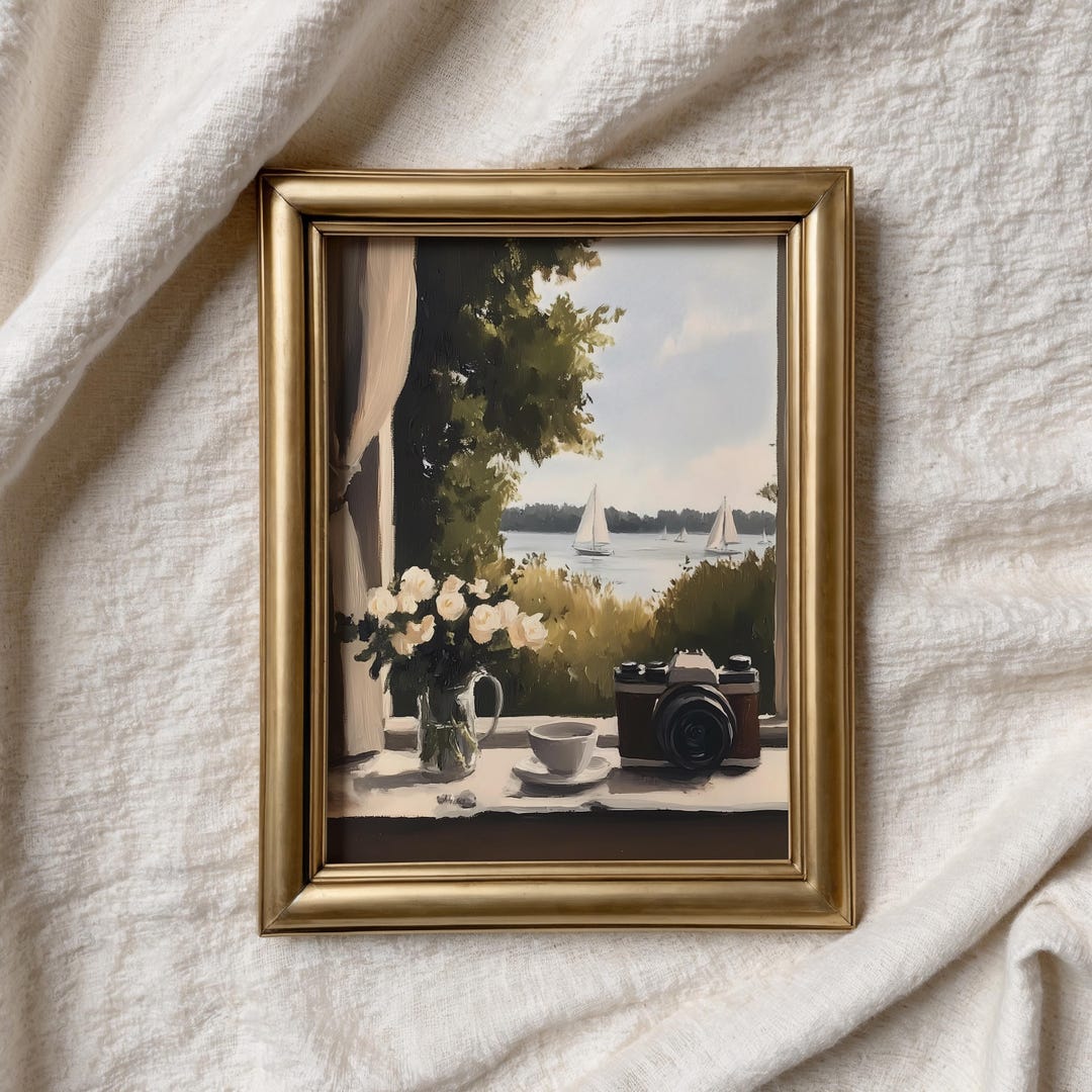 Analogue Photo Camera on a Window With a Costal View, Sailing Boats ...