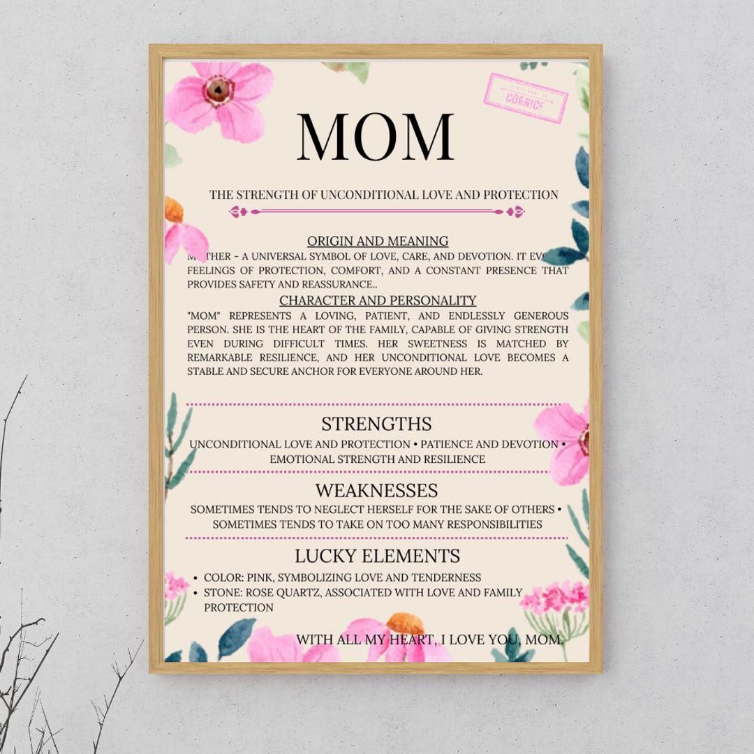 Mother Name Meaning Printable Wall Art - Personalized Floral Poster for ...