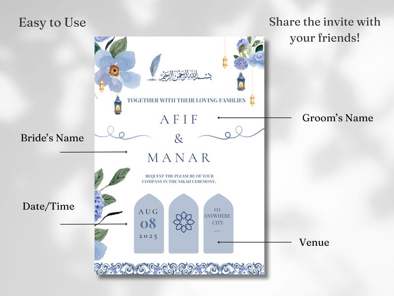 Minimalist Muslim Wedding Invitation Editable Nikkah E-invite Blue ...