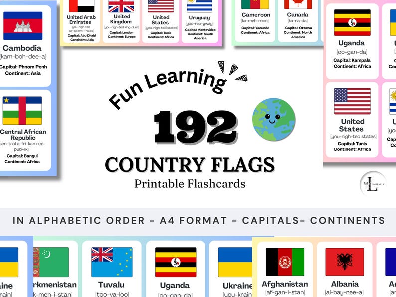 Printable Country Flags Flashcards Educational Geography Cards for Kids ...