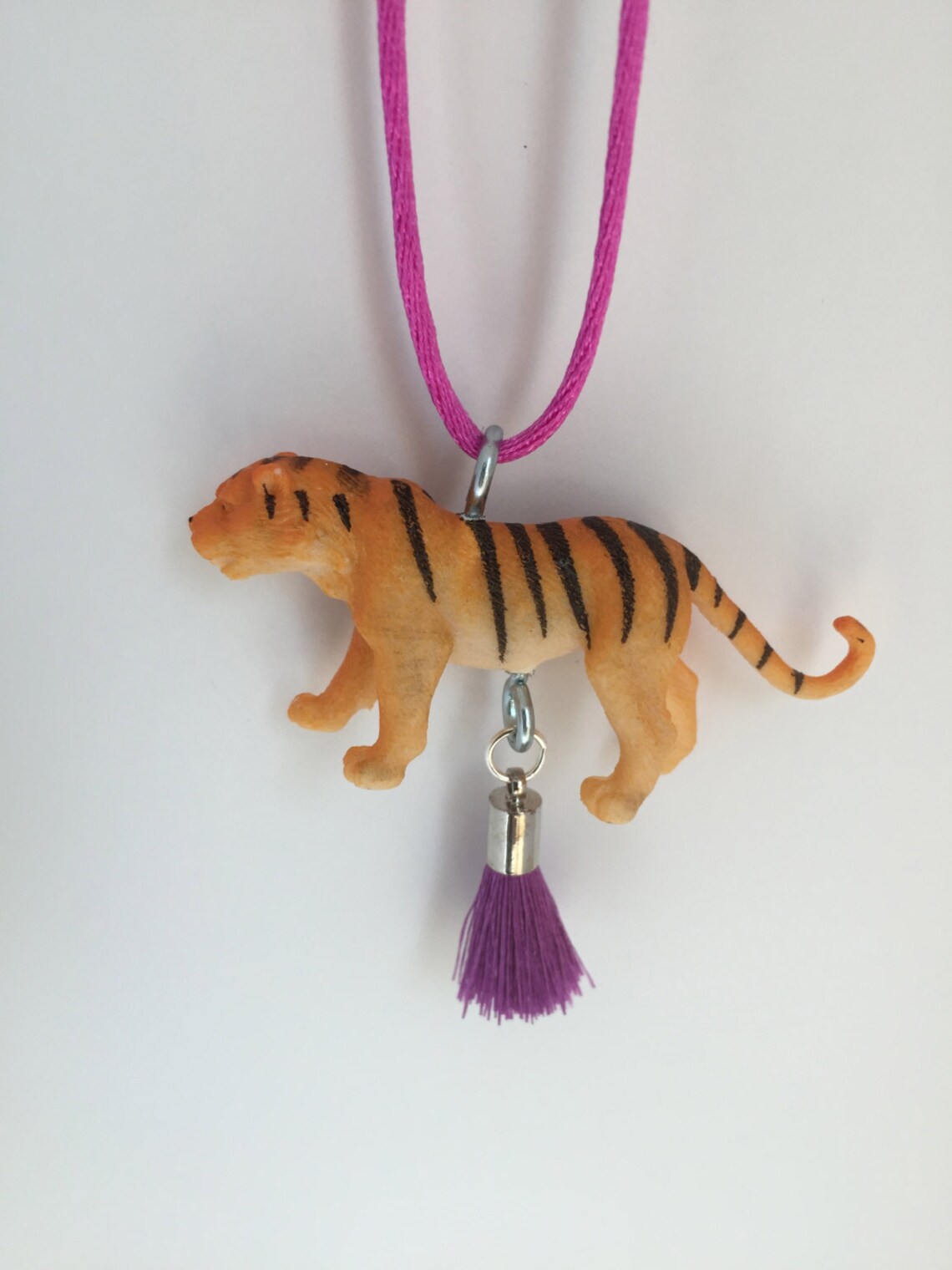 Tiger Pendant Necklace, Hot Pink Cord, Purple Tassel - Etsy