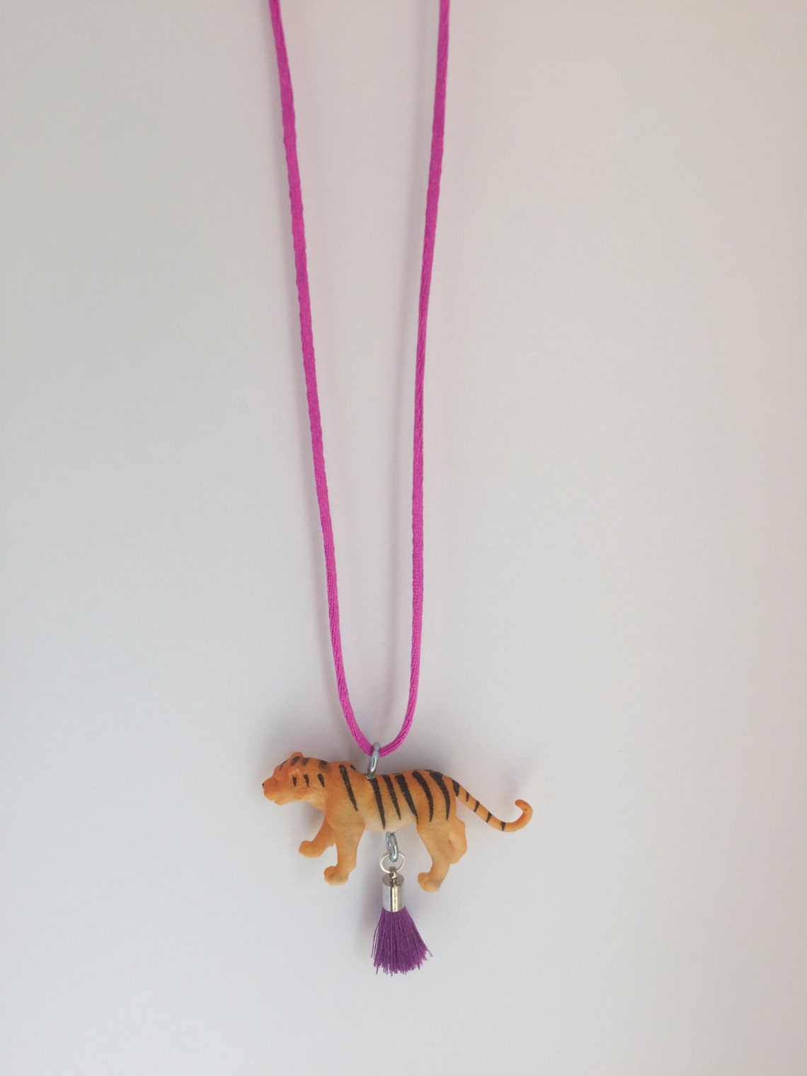 Tiger Pendant Necklace, Hot Pink Cord, Purple Tassel - Etsy
