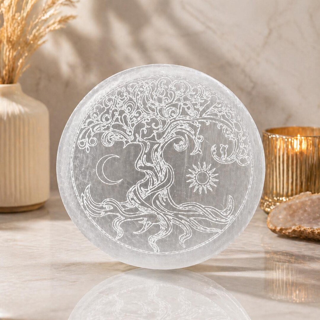 Selenite Charging Disc – Engraved Tree of Life, Natural Crystal Energy ...