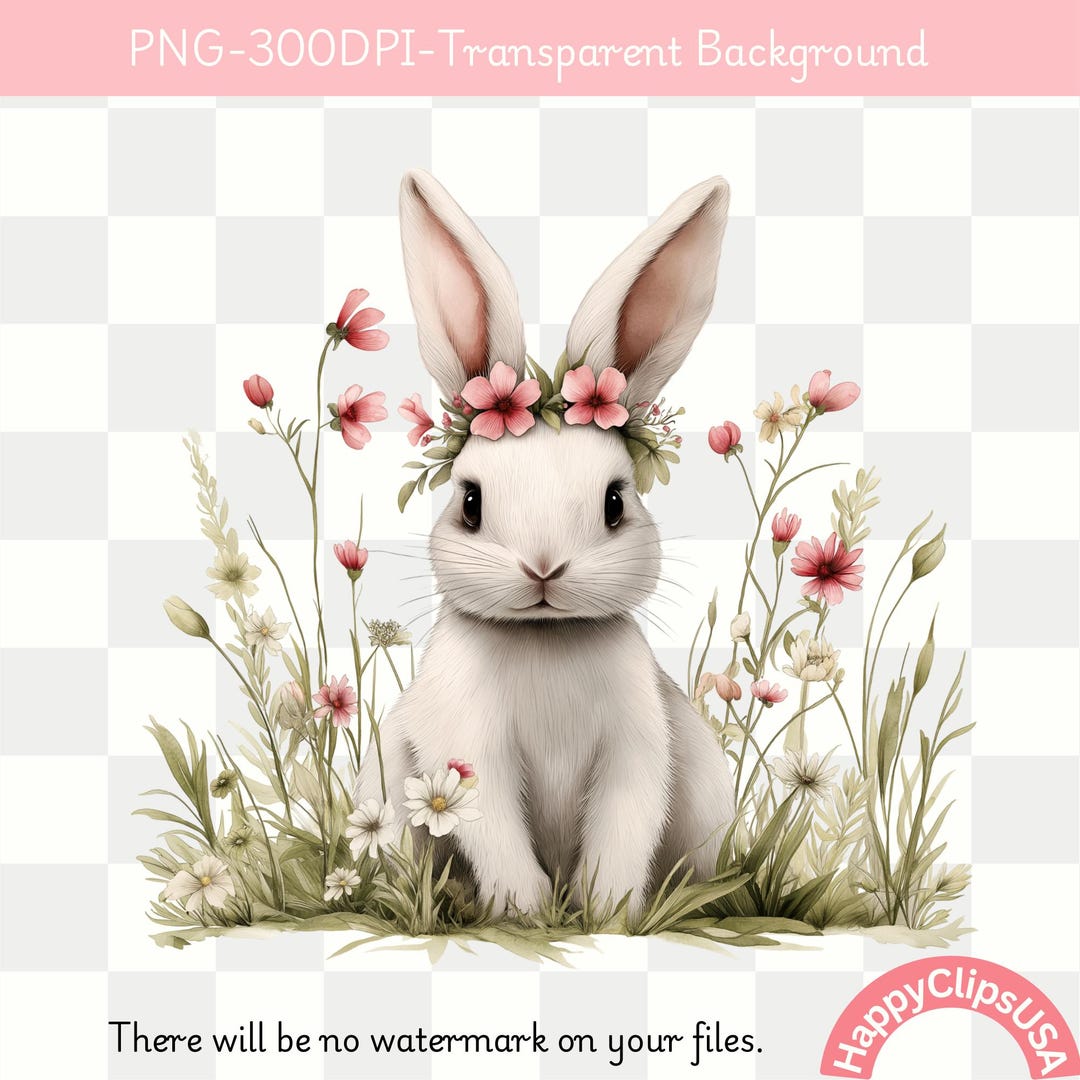 Spring Flower Bunny Clipart | 8 PNG Transparent Files 300 DPI | Floral ...