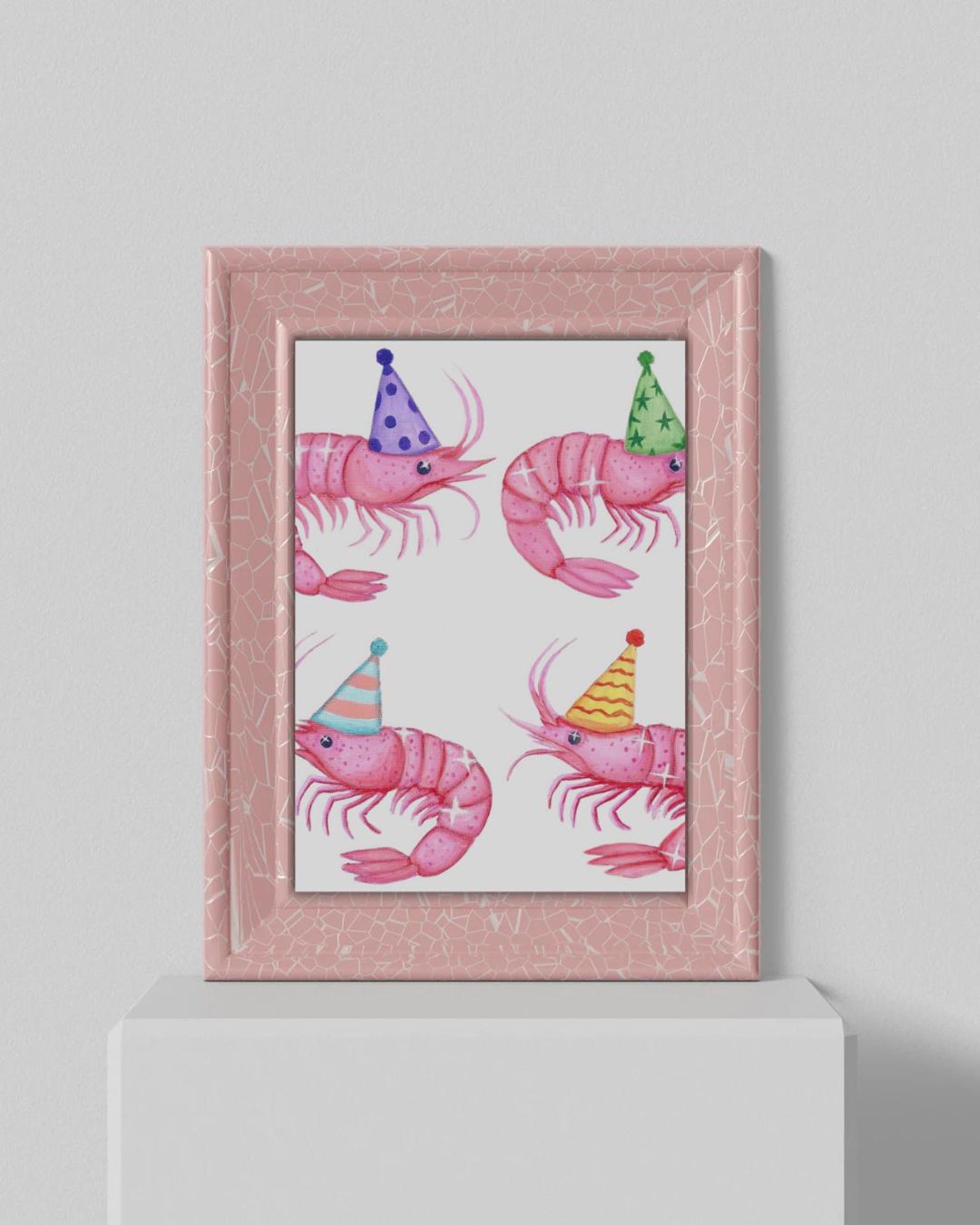 Shrimp Art Print | Acrylic Shrimps With Party Hats | Fun Seafood Wall ...