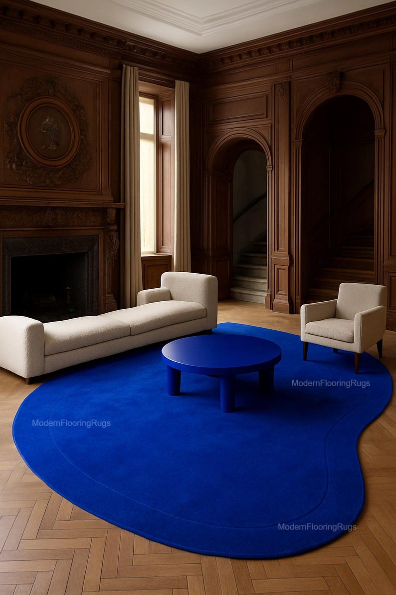 Hand-tufted Kidney Shape Deep Blue Rug Modern 100% Wool Area Rugs for ...