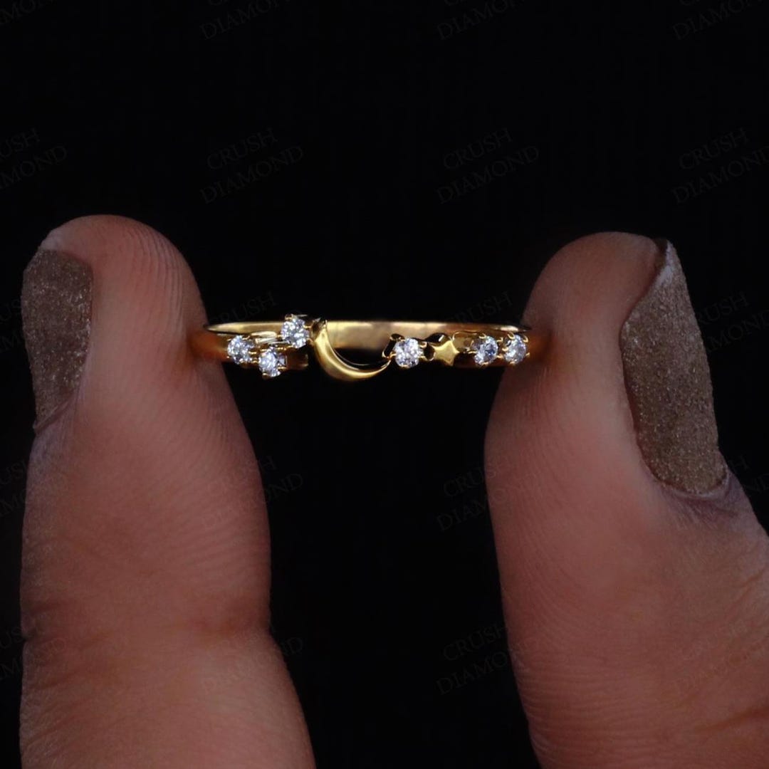 Art Deco Inspired Gold Ring With a Moon & Space Crescent and Pavé Set ...