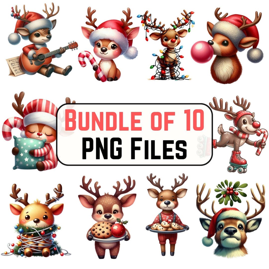 10 Holiday Reindeer Clipart Set, Christmas Reindeer PNG, Instant ...