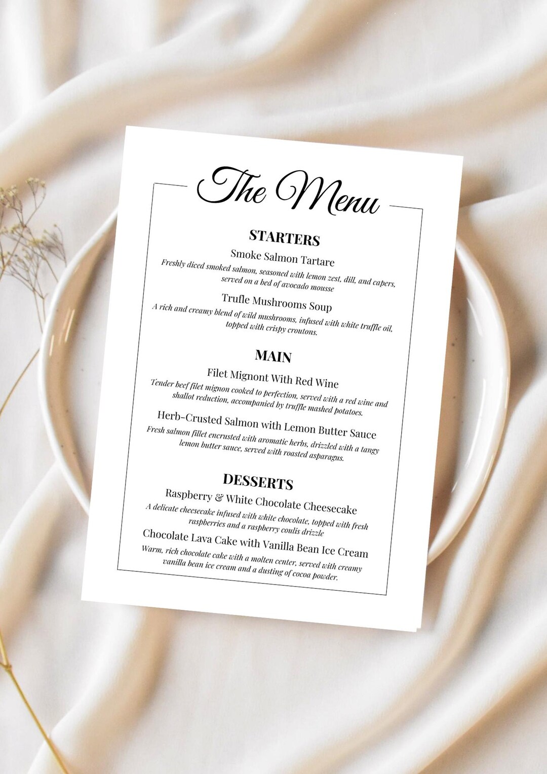 Elegant Wedding Menu Template - Printable Menu for Wedding Reception ...