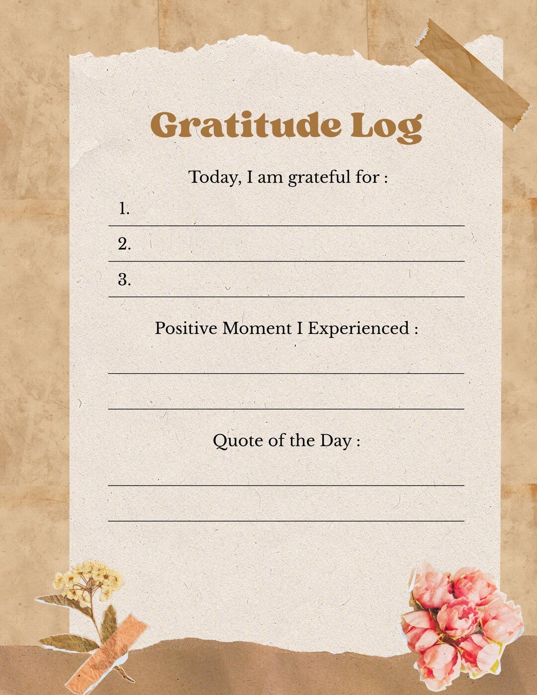 Vintage Floral Gratitude Log, Daily Journal Worksheet (PDF Printable ...